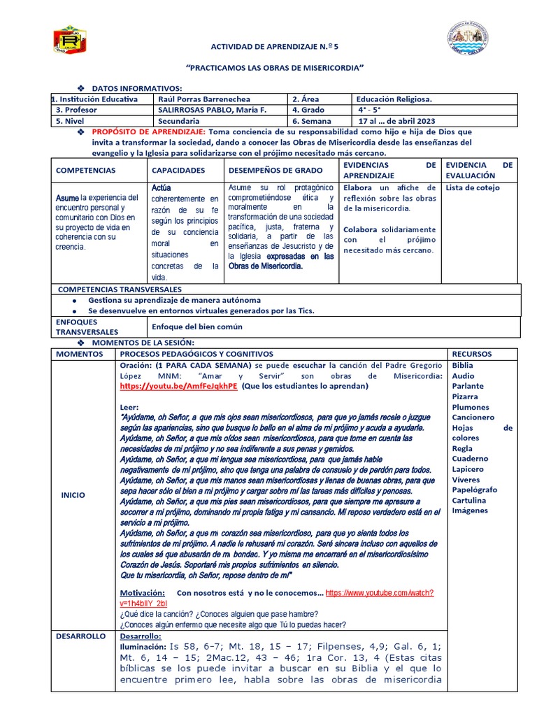 Ada 05 Practicamos Las Obras de Misericordia | PDF | Misericordia | Aprendizaje