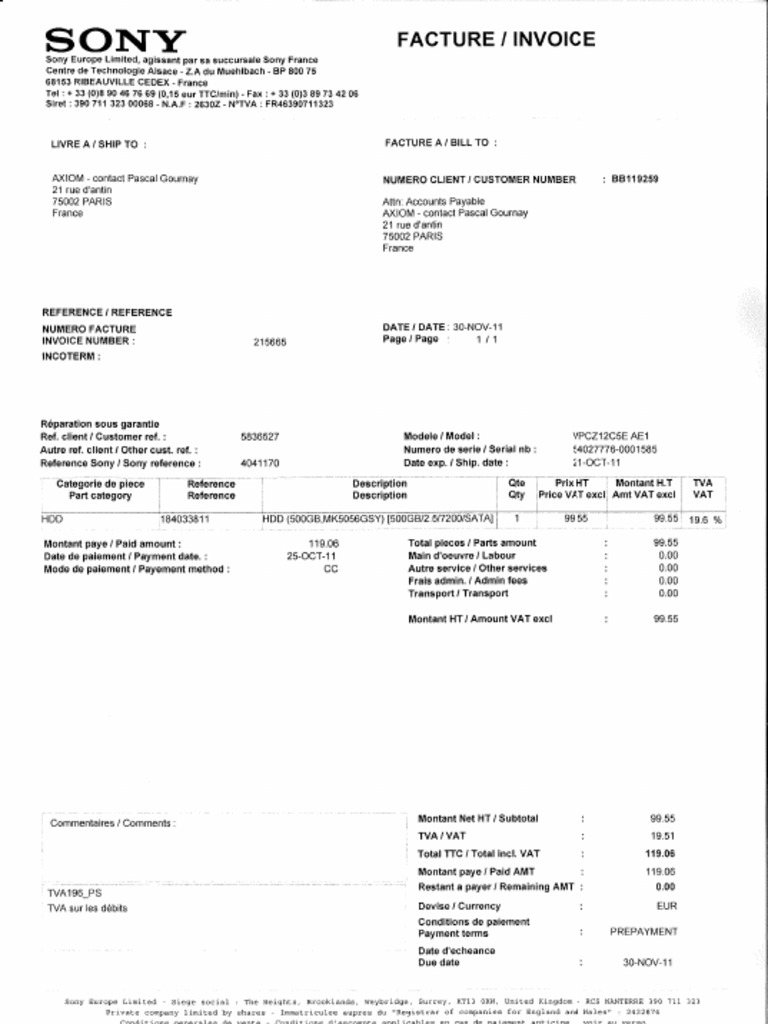 Facture Sony | PDF
