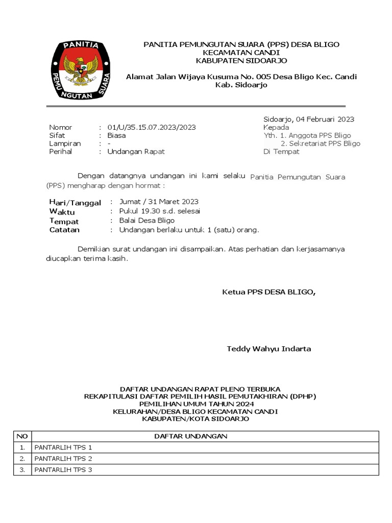 Undangan Pleno DPHP PPS - Kepala Desa Bligo | PDF