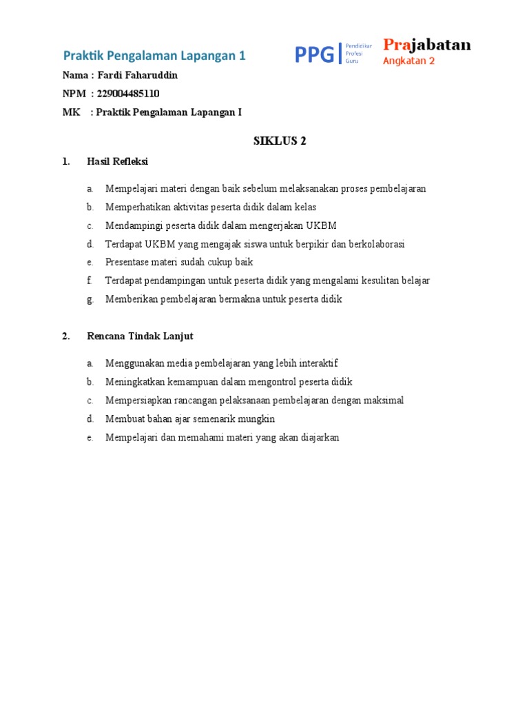 Refleksi & Rencana Tindak Lanjut_Siklus 2_PPL 1 | PDF
