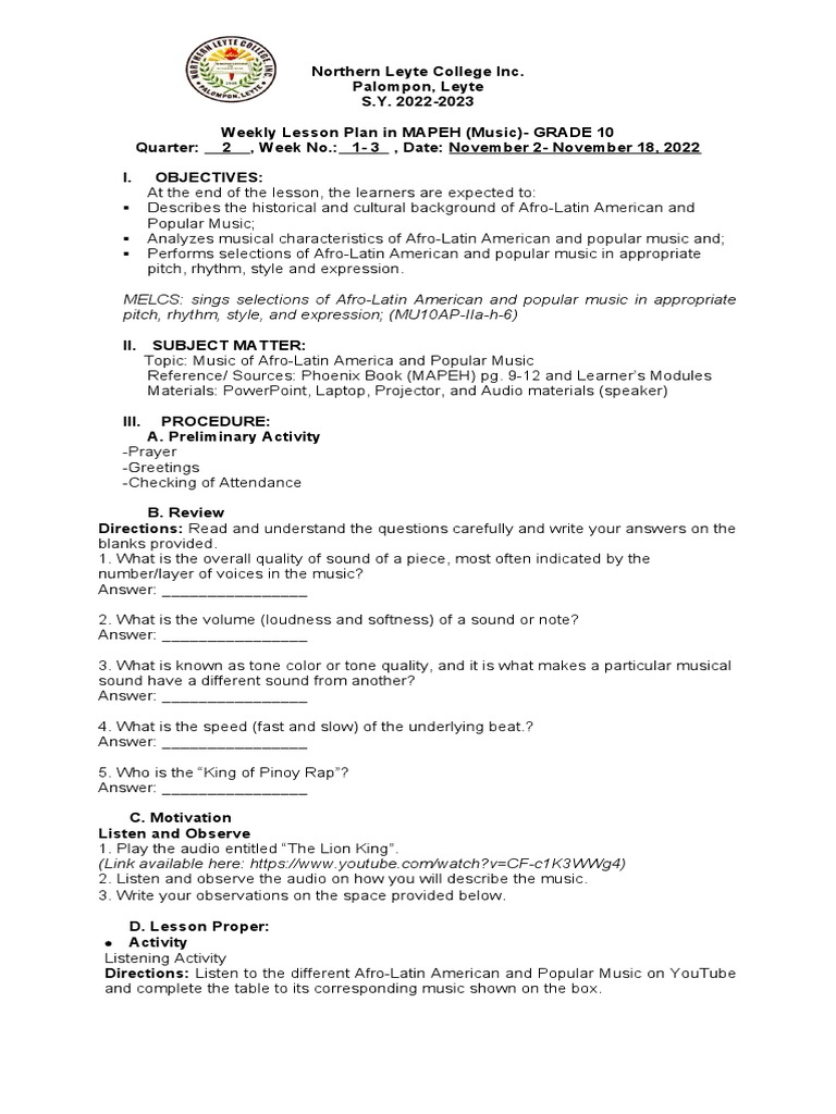 Lesson Plan Music 10 | PDF | Jazz | Rock And Roll