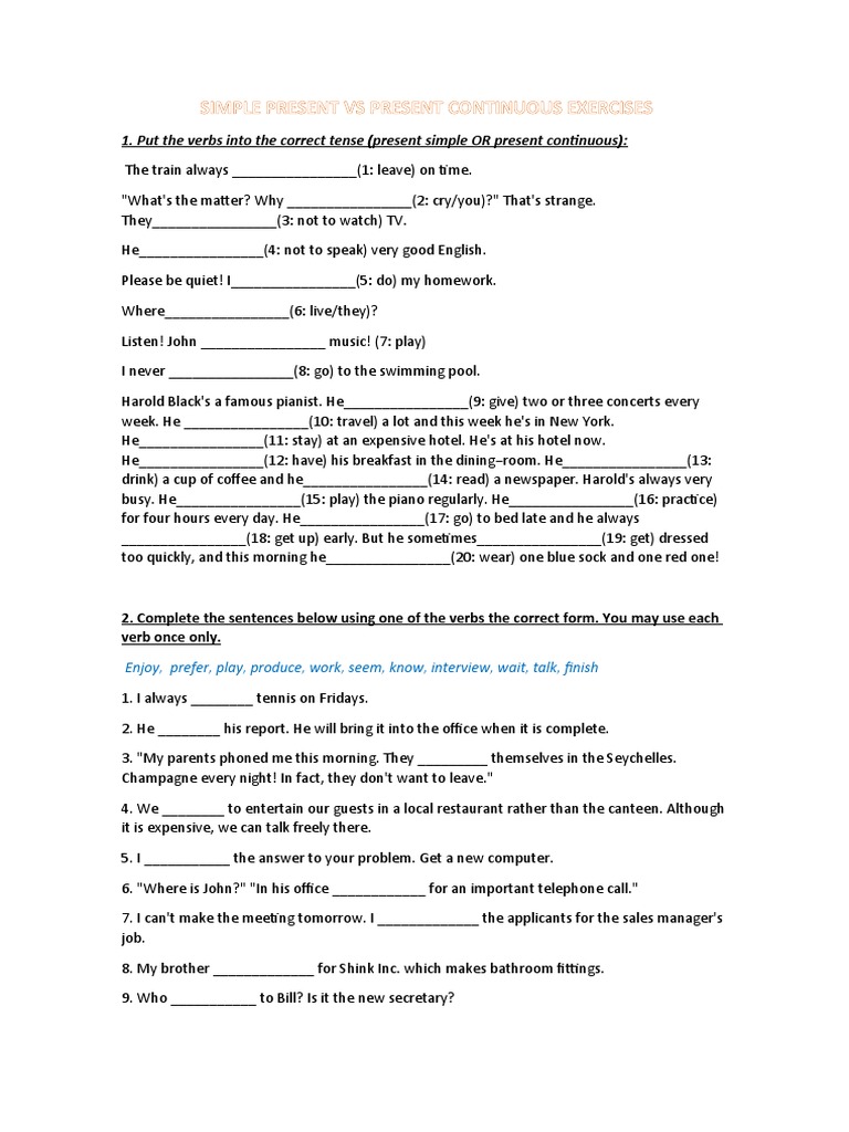 Present Simple VS Present Continuous Exercises | PDF | Language Arts ...