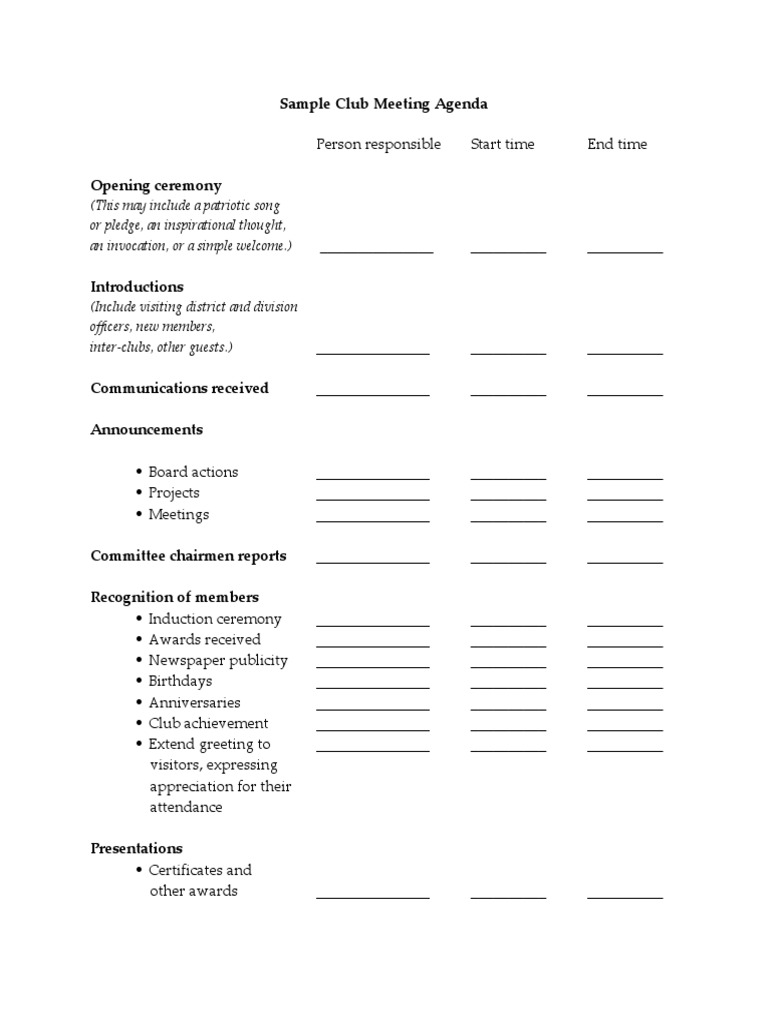 Sample Club Meeting Agenda Template | PDF