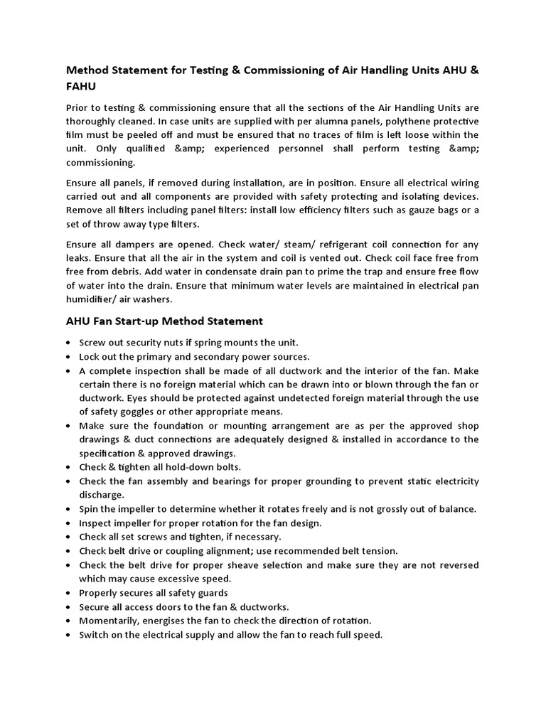 Method Statement For Testing And Commissioning Of Ahu Pdf Duct Flow