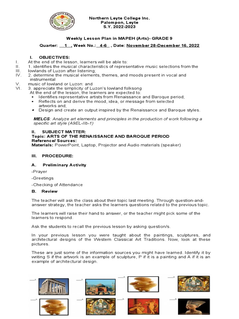 Lesson Plan Arts 9 | PDF | Renaissance | Baroque Lesson Plan Arts 9 | PDF | Renaissance | Baroque