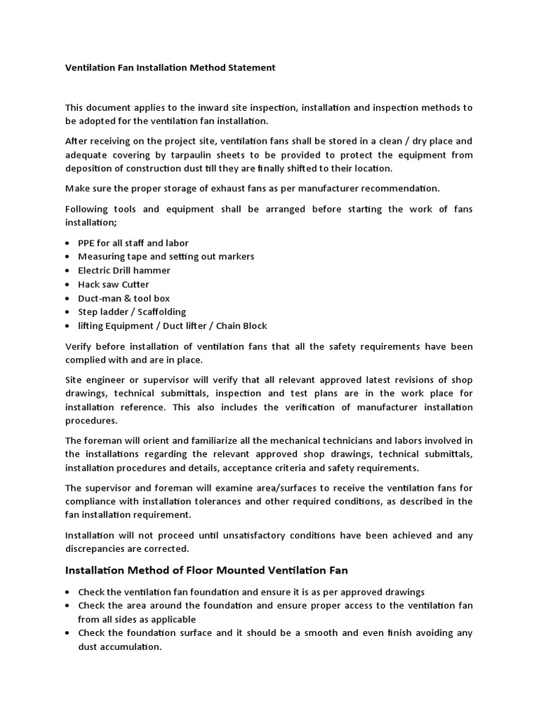 Ventilation Fan Installation Method Statement | Download Free PDF ...