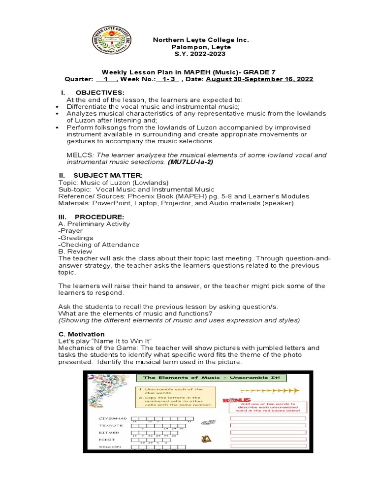 Lesson Plan Music 7 | Download Free PDF | Songs | Lesson Plan Lesson Plan Music 7 | Download Free PDF | Songs | Lesson Plan