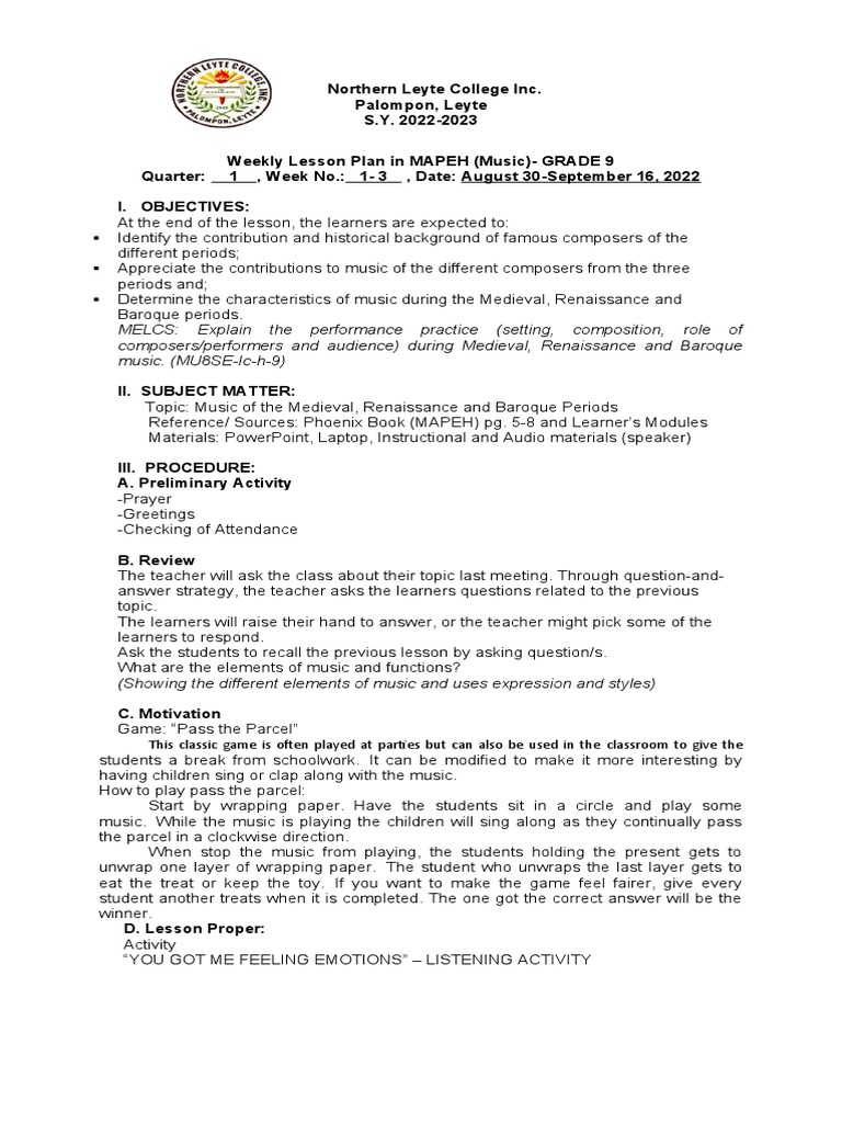 Lesson Plan Music 9 | PDF | Baroque Music | Choir