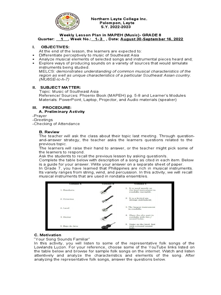 Lesson Plan Music 8 | PDF | Musical Instruments | Music Technology