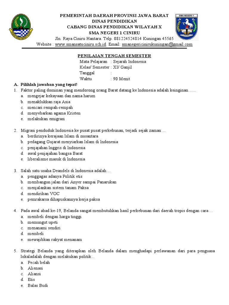 Soal Pts Ganjil Kelas Xi Sejarah Indonesia 2022 | PDF