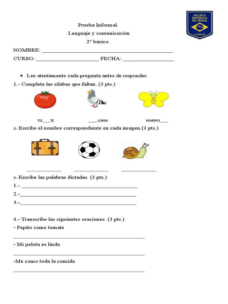 Prueba de diagnóstico lenguaje 2° básico (Autoguardado) | PDF