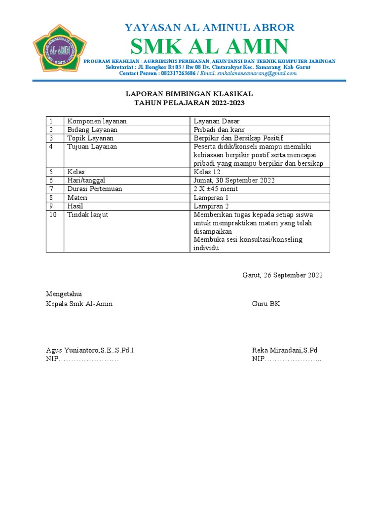 Dokumen laporan layanan BK | PDF