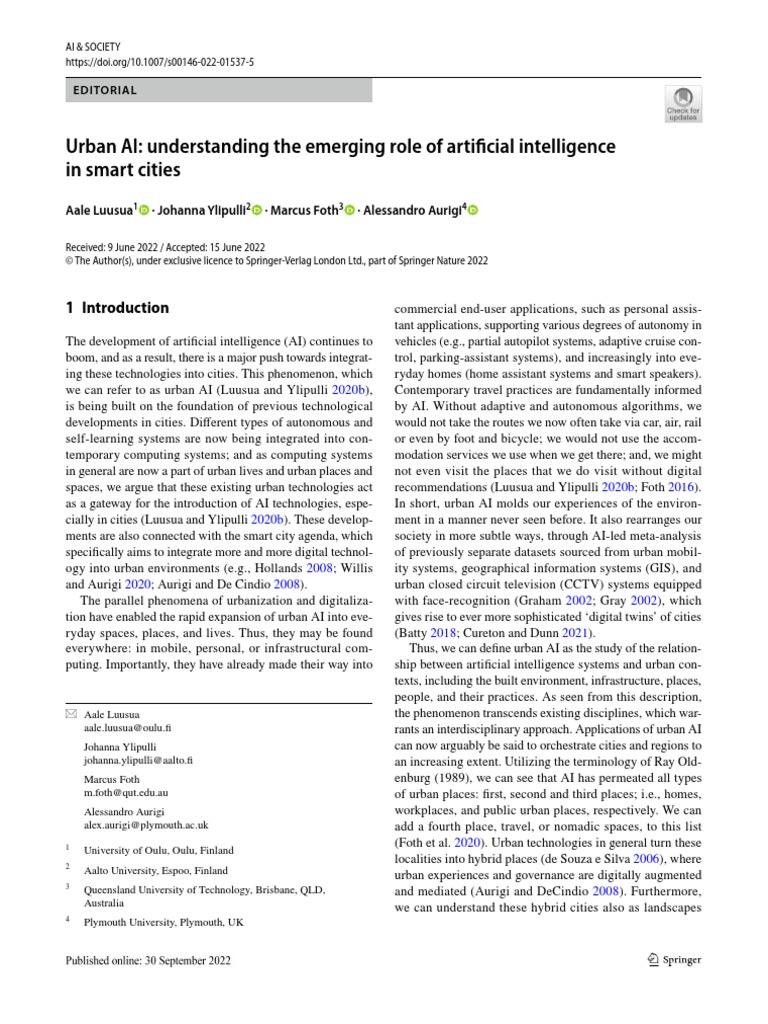 Urban AI: Understanding The Emerging Role of Artificial Intelligence in Smart Cities | PDF ...