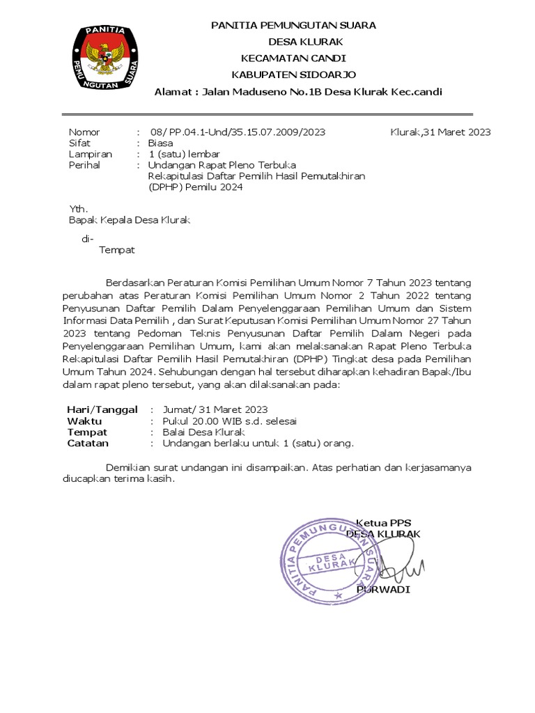 Undangan Rapat Pleno DPHP (Kepala Desa) | PDF