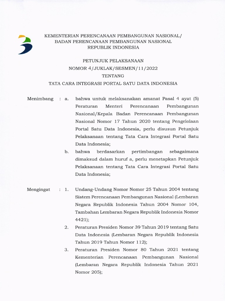 Juklak No 4 Tahun 2022 Tentang Tata Cara Integrasi Portal SDI-1 | PDF
