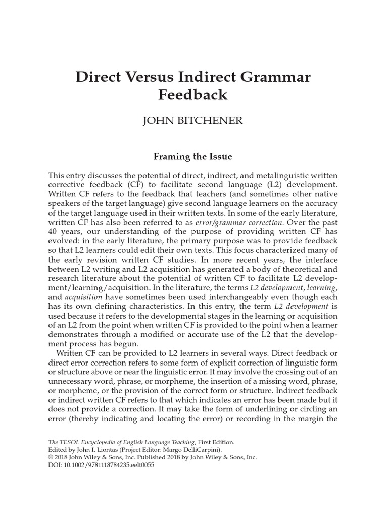 Direct Versus Indirect Feedback | PDF | Second Language | Second ...
