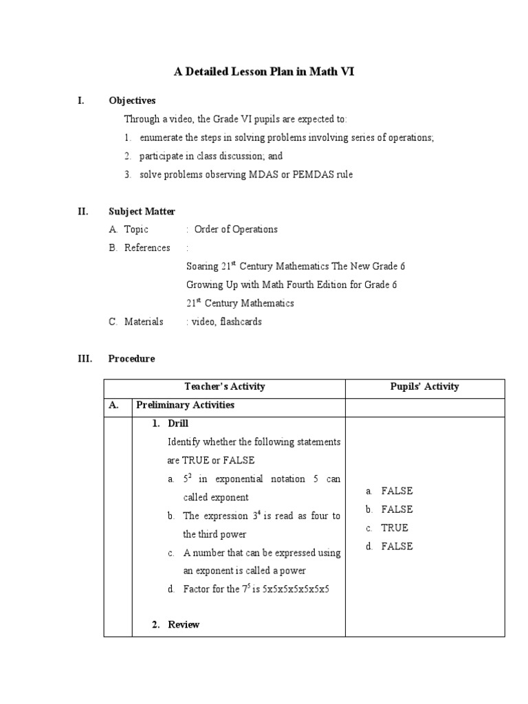 A Detailed Lesson Plan in Math VI (Order of Operations) | PDF | Subtraction | Multiplication