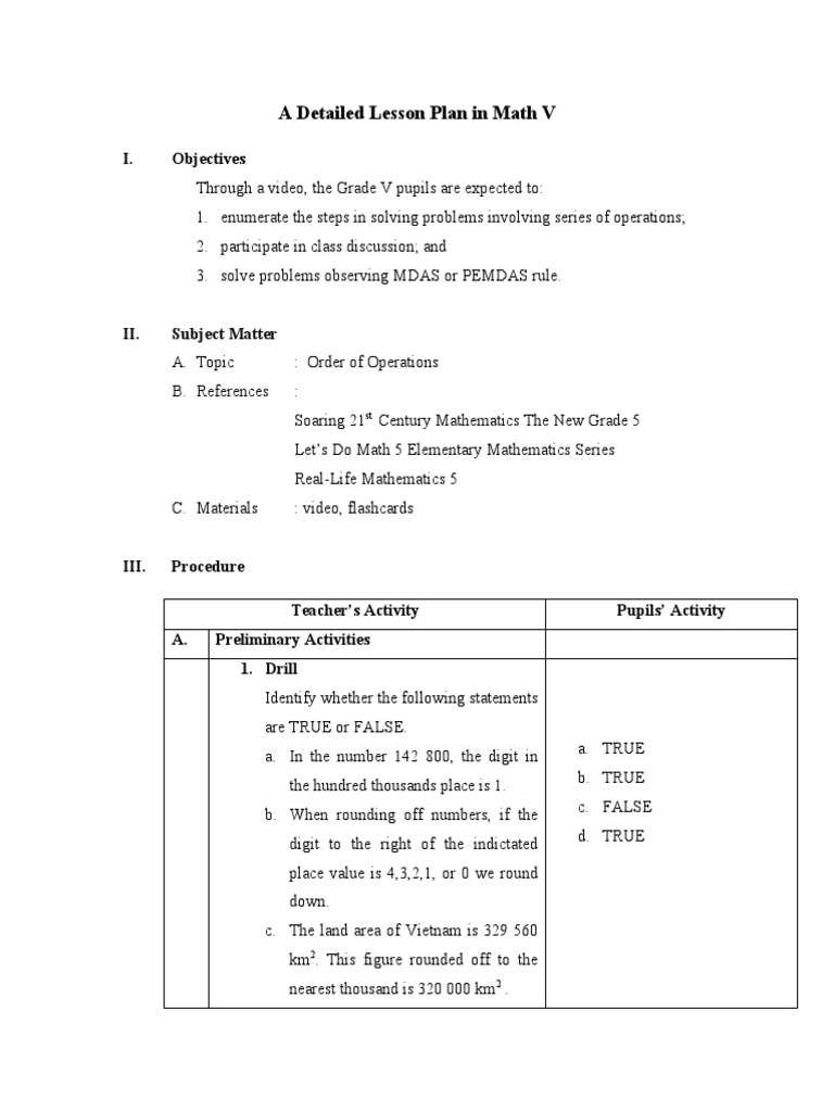A Detailed Lesson Plan in Math V | PDF | Mathematics | Multiplication