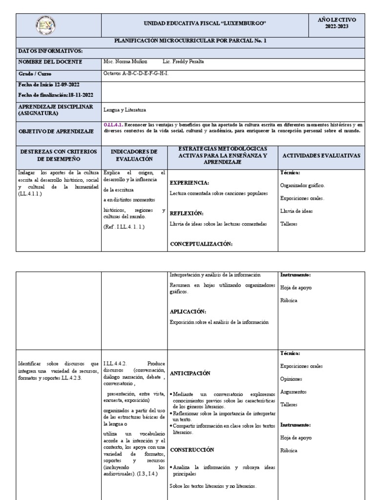 Planificacion Microcurricular-lengua Octavo Con Metodología | PDF ...