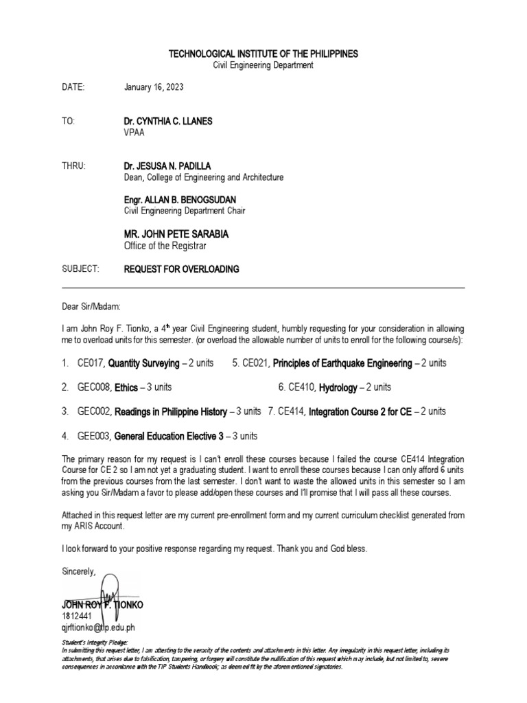 Sample Request Letter Format - SIMULTANEOUS - OVERLOAD Courses | PDF