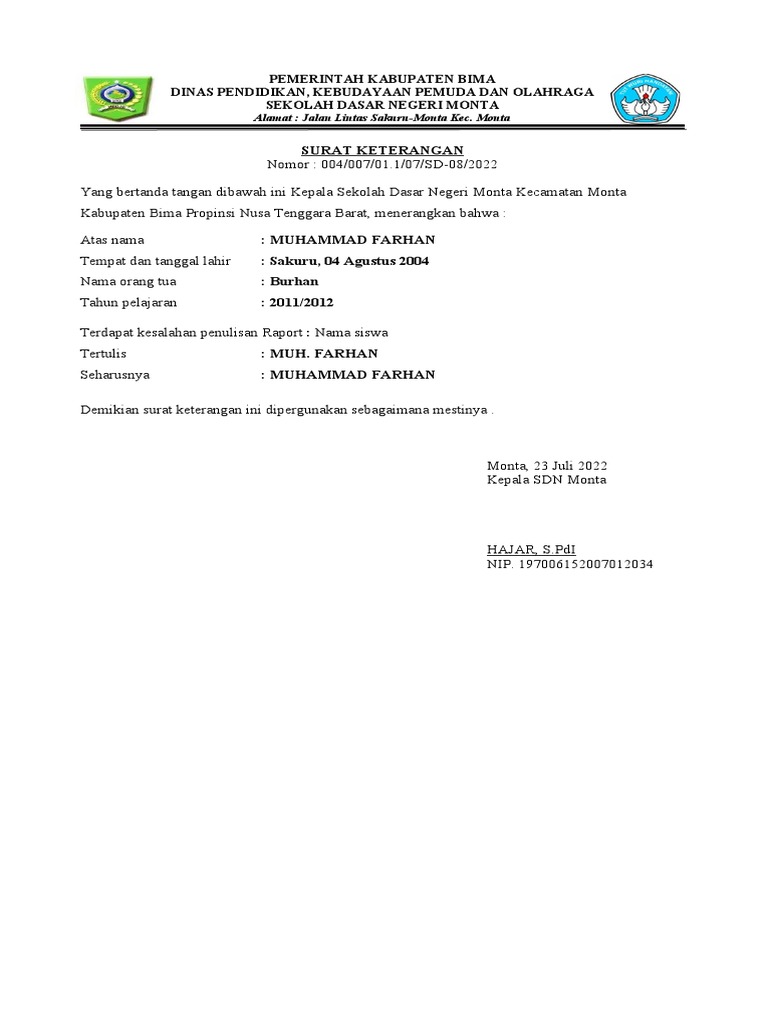 Surat Keterangan Salah Nama Siswa | PDF