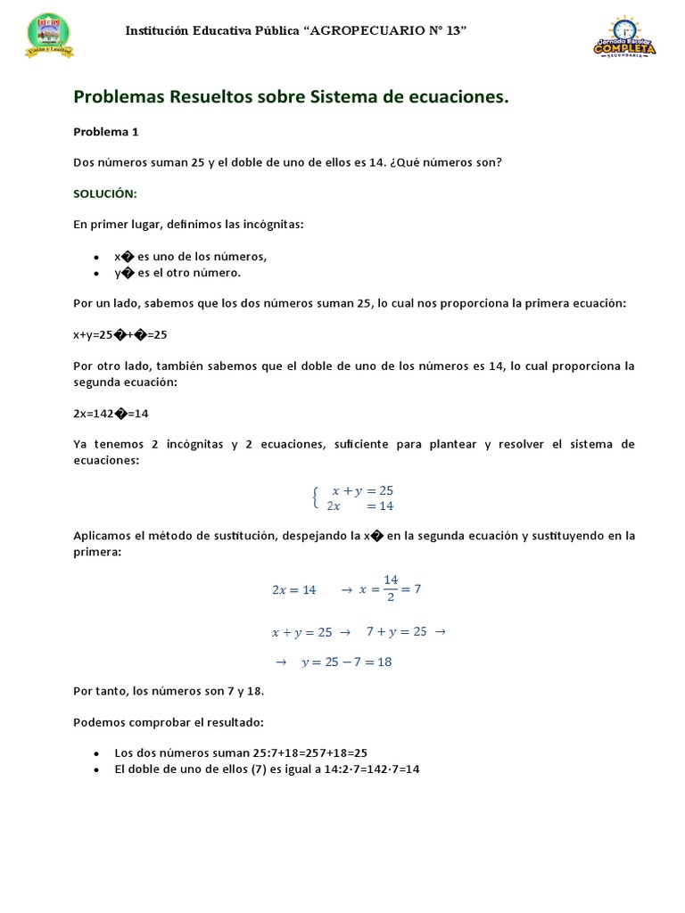 Problemas Resueltos de Sistemas de Ecuaciones | PDF | Ecuaciones ...