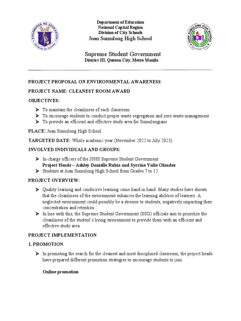 Cleanest Room Award Project Proposal | PDF | Classroom