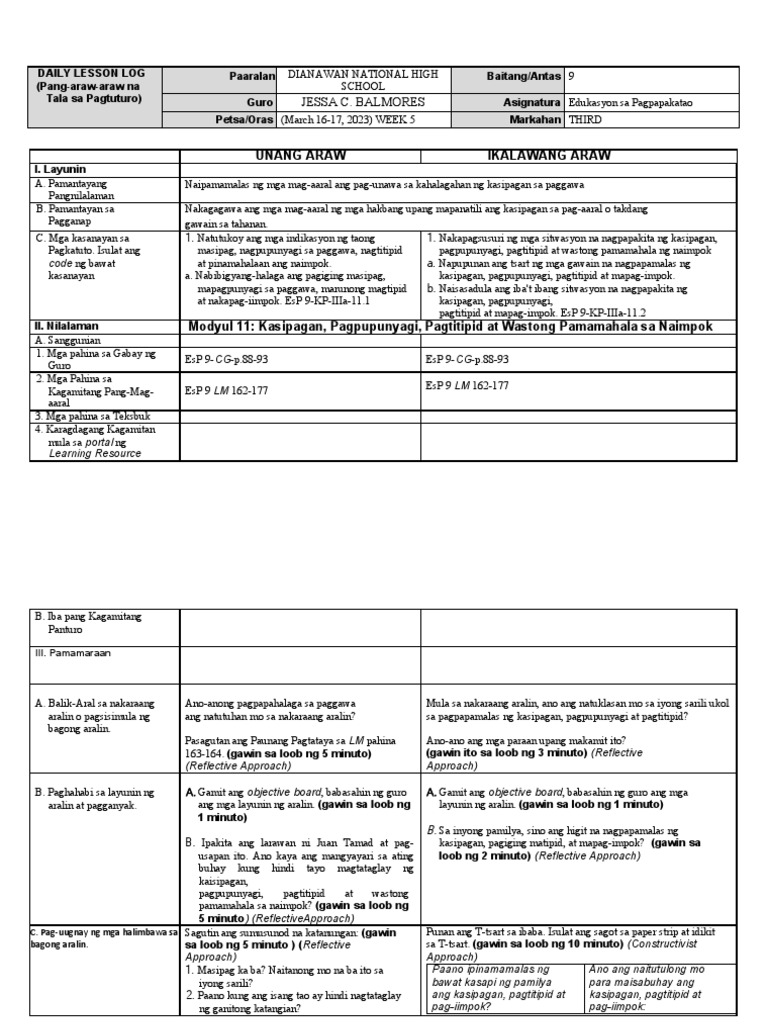Daily Lesson Log in Esp9 Week 5 | PDF