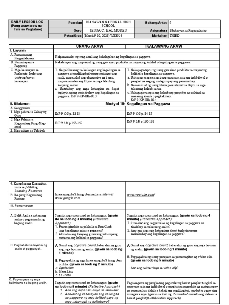 Daily Lesson Log in Esp9 Week 4 | PDF