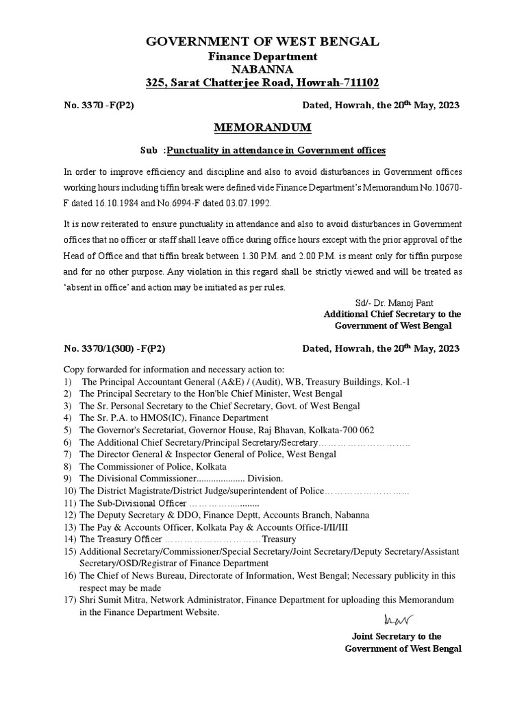 Govt Order - Punctuality in Govt Office - Dated 20.5.2023 | PDF ...