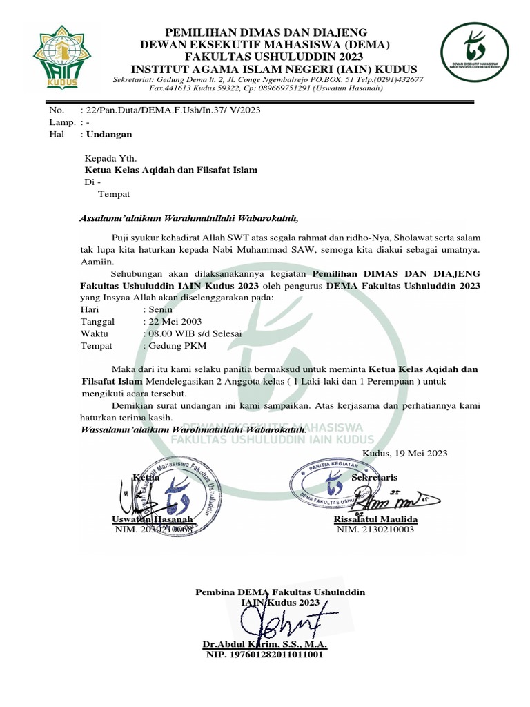 Pemilihan Dimas Dan Diajeng Dewan Eksekutif Mahasiswa (Dema) Fakultas Ushuluddin 2023 Institut ...