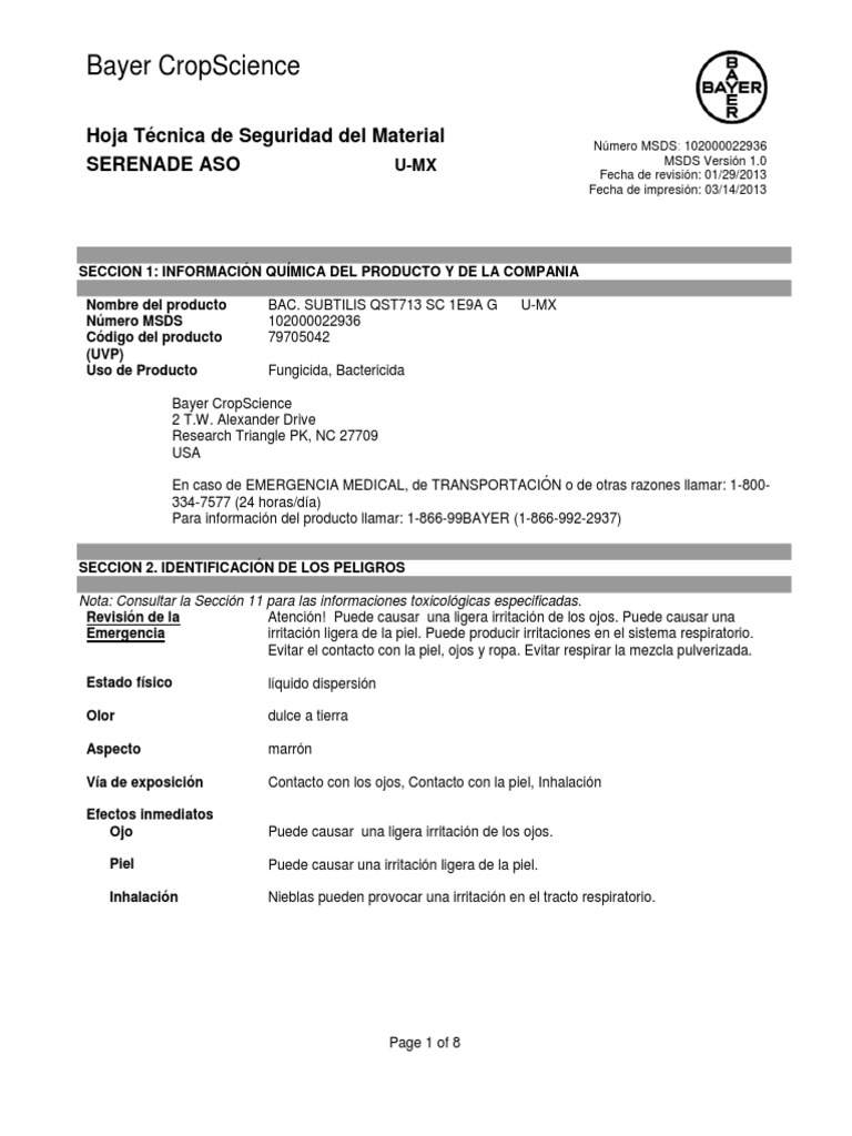 Hoja Seguridad - Serenade ASO | PDF
