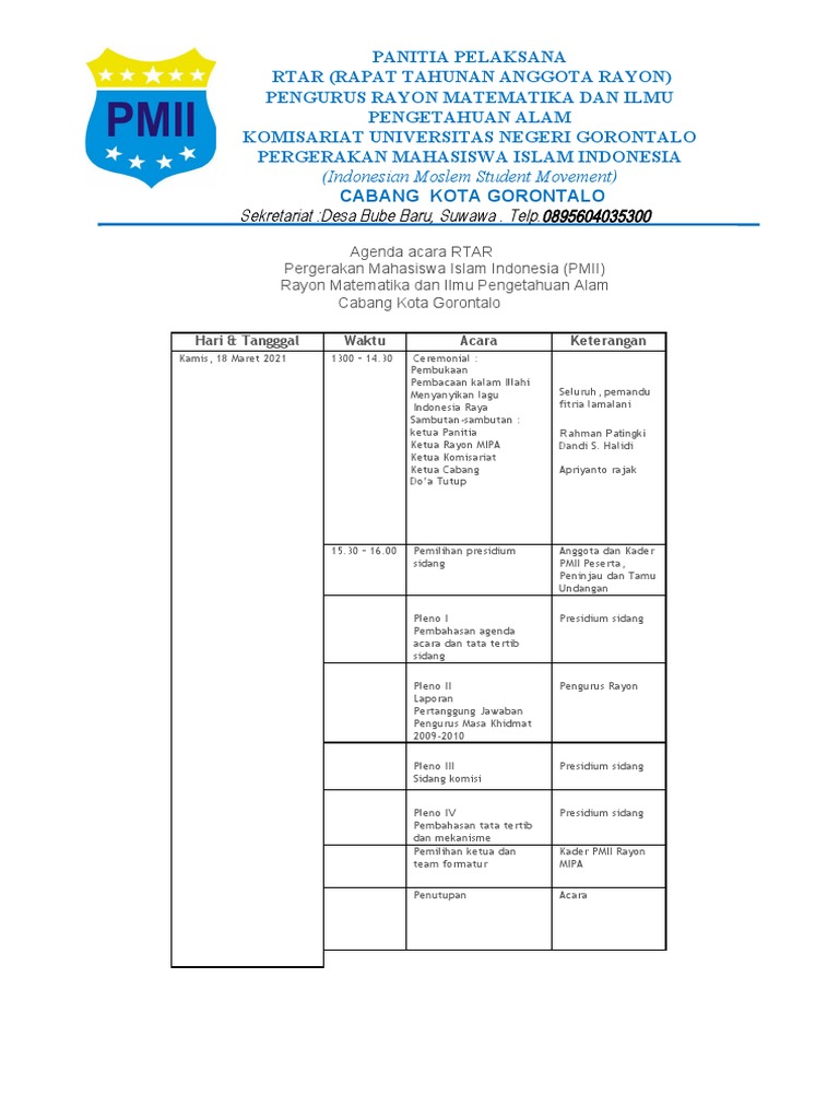 Agenda RTAR PMII Rayon MIPA 2021 | PDF