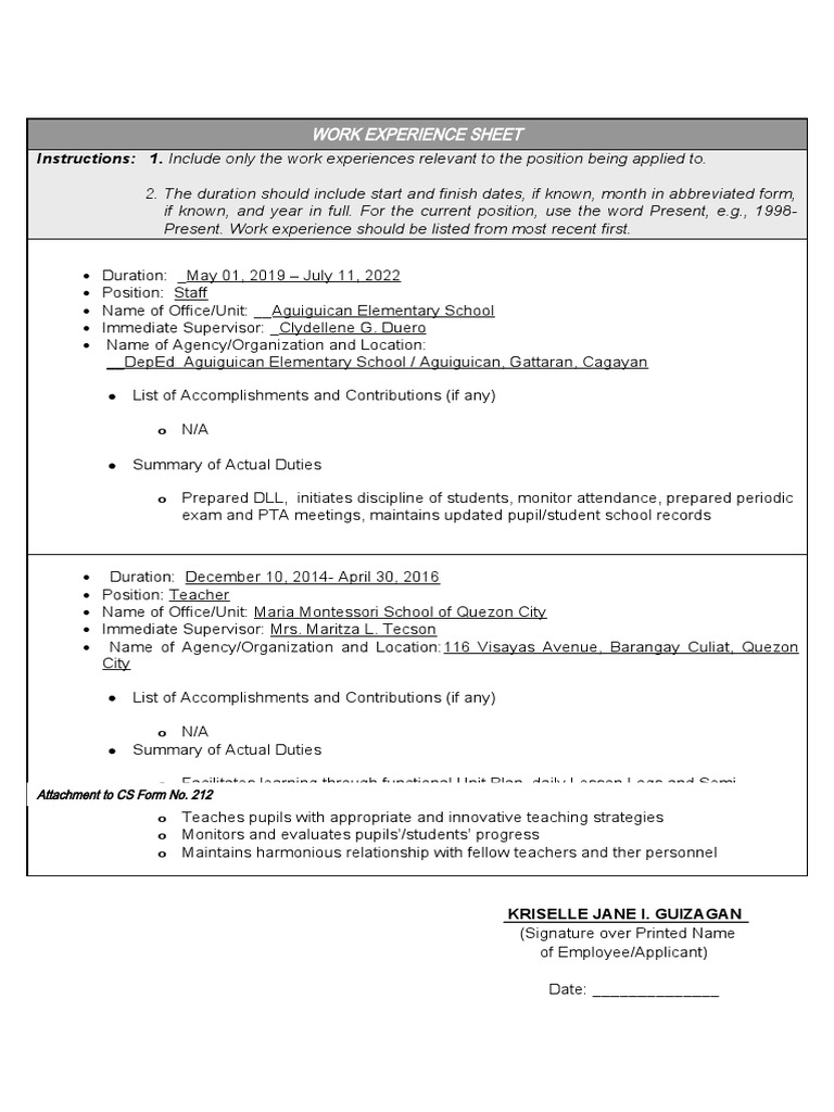 CS Form No. 212 Attachment Work Experience Sheet | PDF