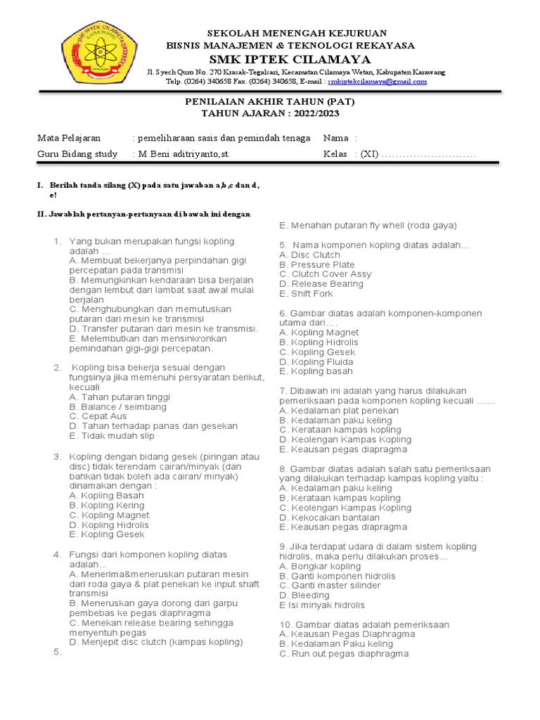 Soal Pemeliharaan Sasis Dan Pemindah Tenaga Xi TKR | PDF