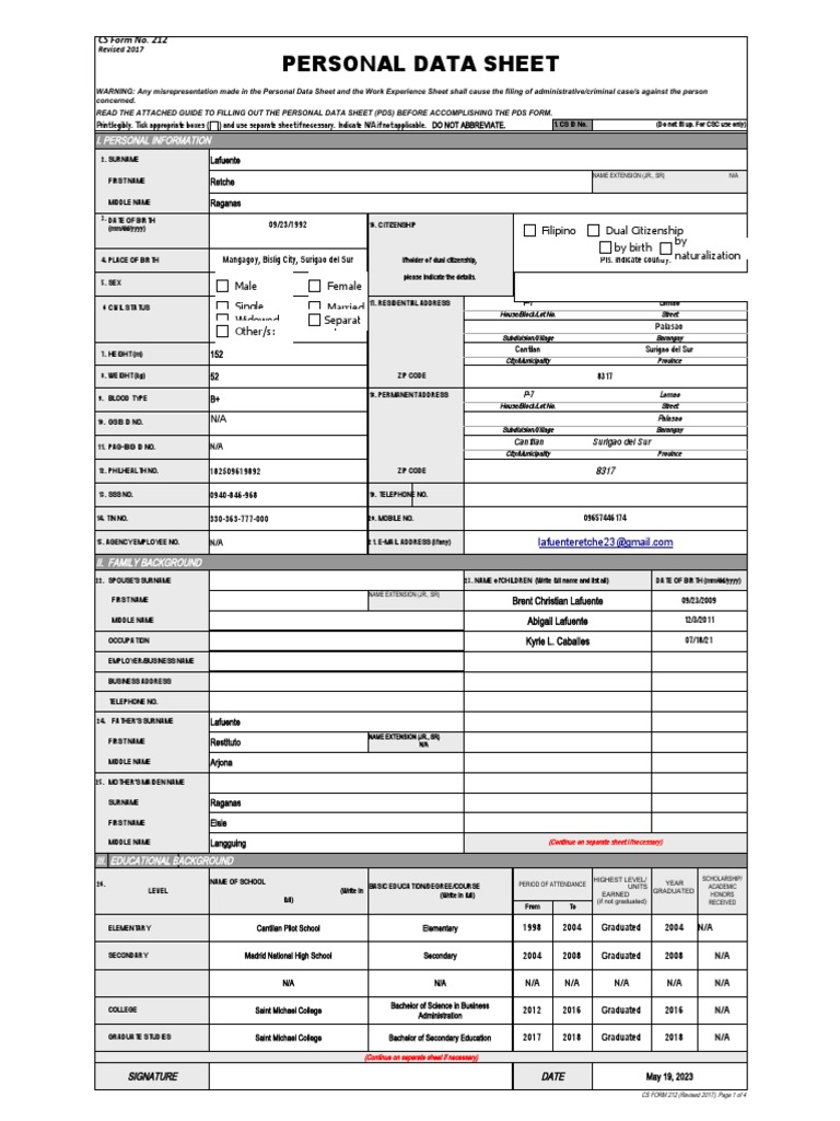 CS Form No. 212 Personal Data Sheet | PDF | Teachers
