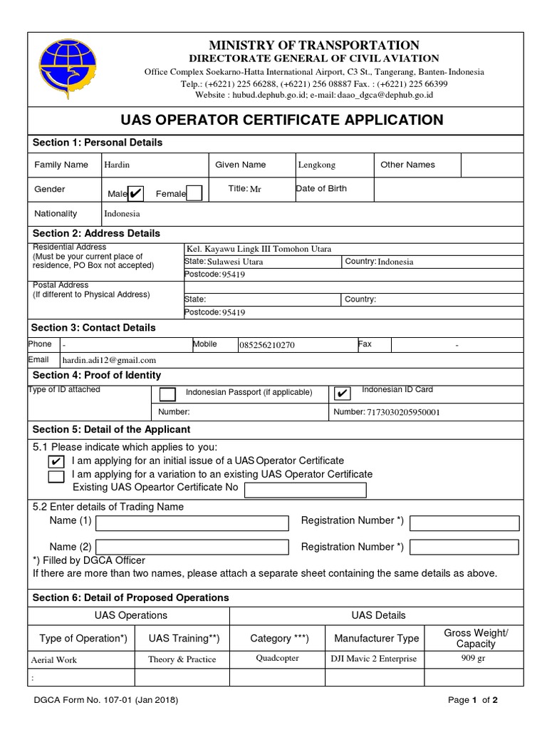 DGCA Form 107-01 UAS Operator Certificate Application Hardin Lengkong ...