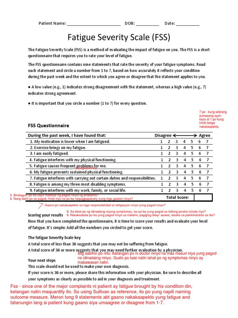 Fatigue Severity Scale Epworth Sleepiness Scale Questionaire | PDF ...