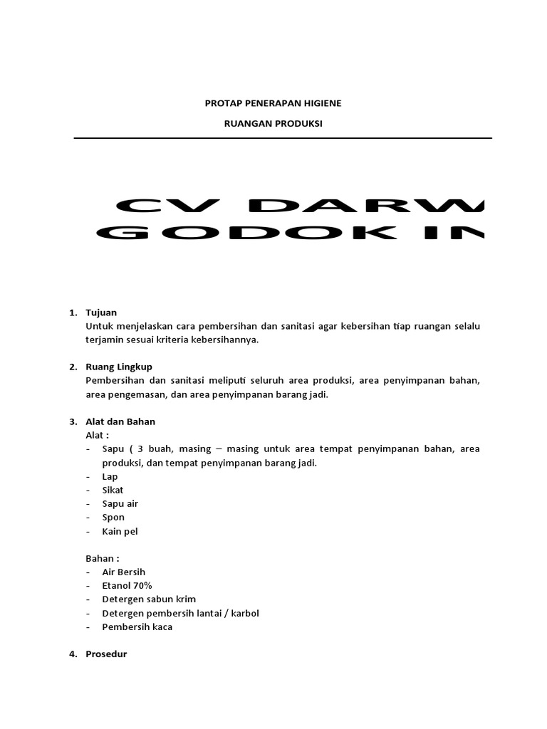Protap Penerapan Higiene Dan Sanitasi Area Produksi CV DARWIN JAMU GODOK INDONESIA | PDF | Seni ...