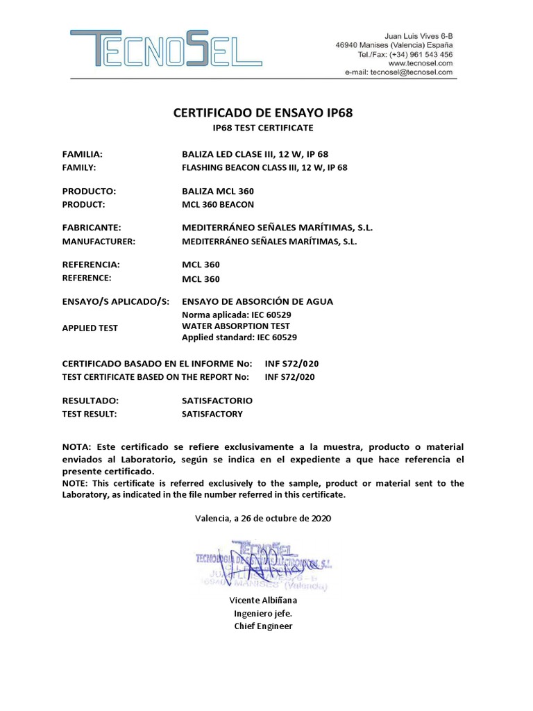 Certificate IP68__MCL 360 | PDF