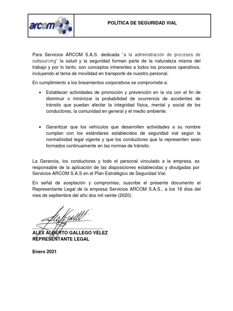 Politica de PESV Servicios Arcom 2021 | PDF
