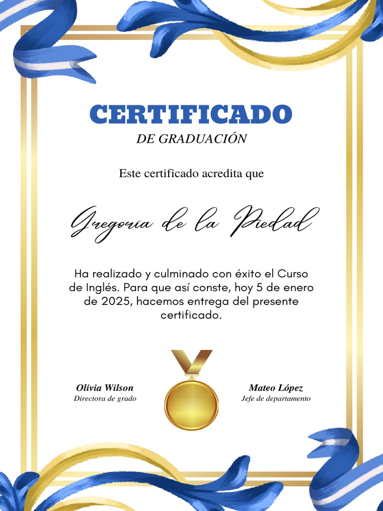 Certificado de Graduación Elegante Azul y Dorado Con Medalla ...