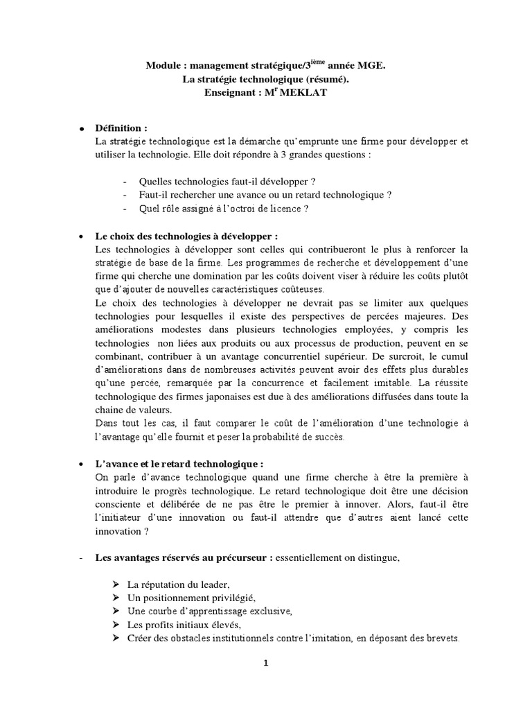 Stratégie Technologique et Avantages Concurrentiels | PDF | Gestion ...