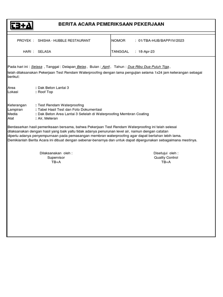 BA Test Rendam Waterproofing Dak Atap Roof Top | PDF
