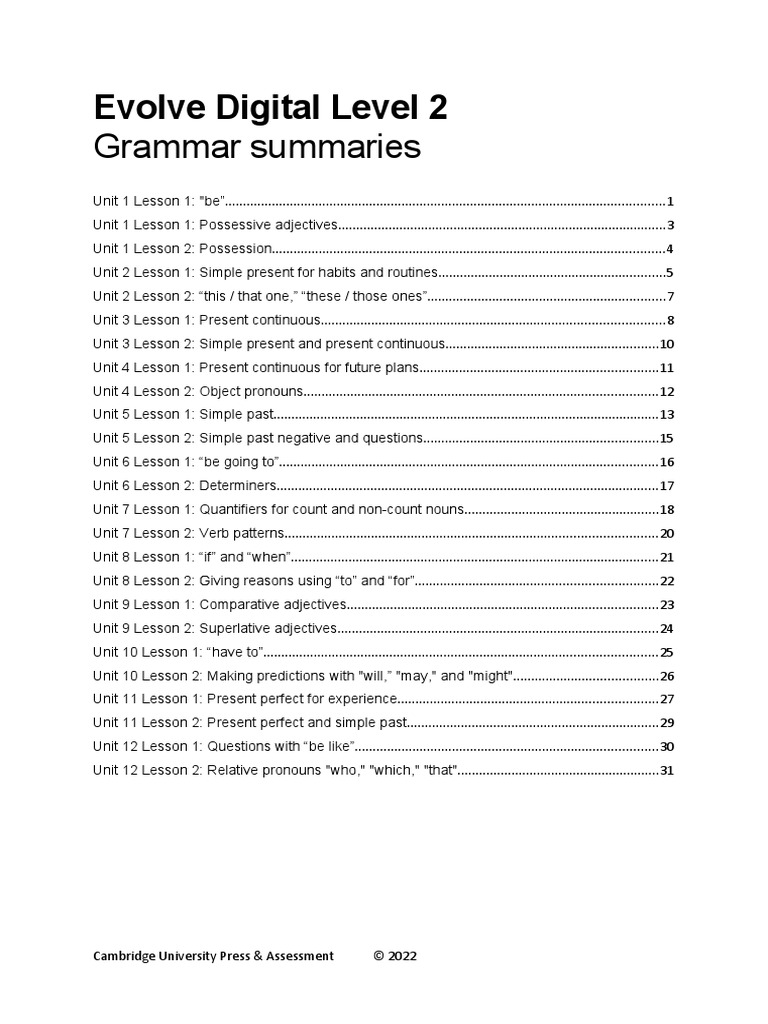 Evolve Digital Level 2 Grammar Summaries | PDF | Noun | Verb