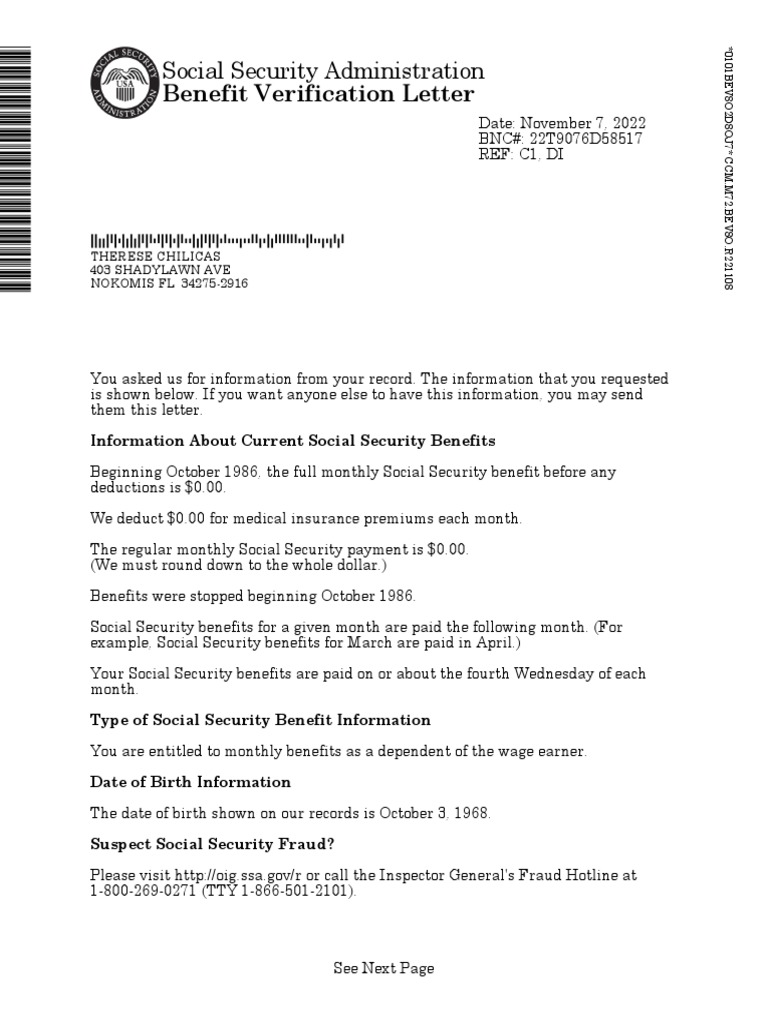 SS$0benefit Verification Letter | PDF | Social Security (United States ...