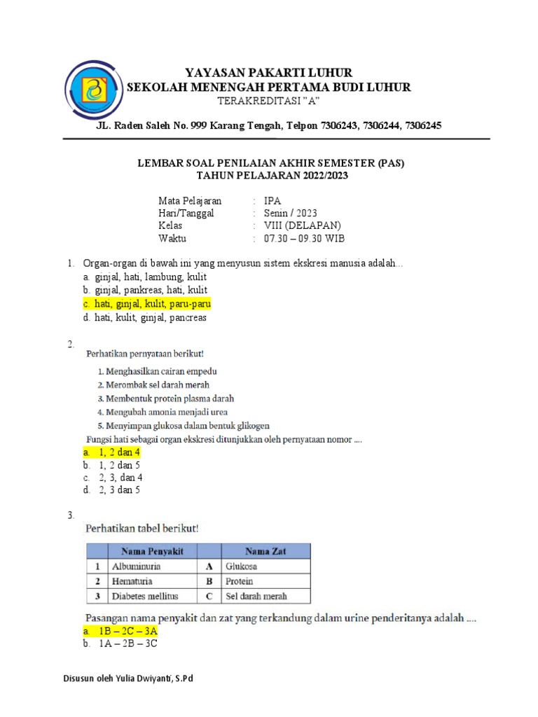 Soal PAS IPA Kelas VIII 2022/2023 | PDF | Sains & Matematika