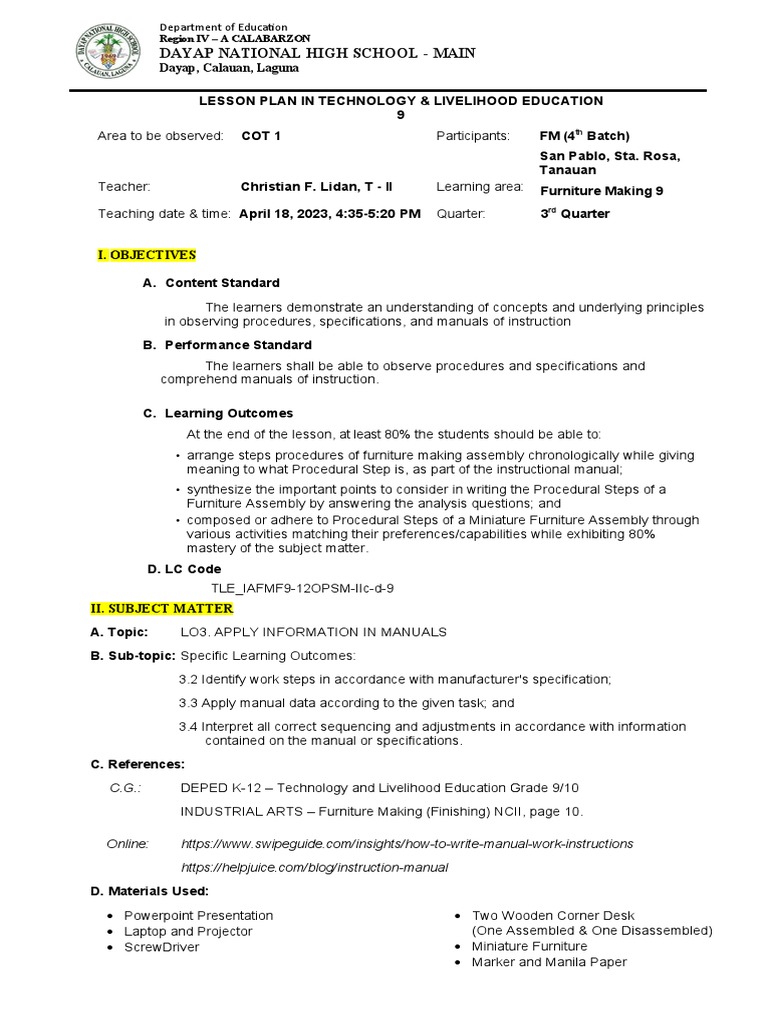 Cot1 Furnituremaking 2023 | PDF | Learning | Lesson Plan