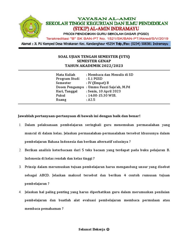 Uts Membaca Dan Menulis Di SD | PDF