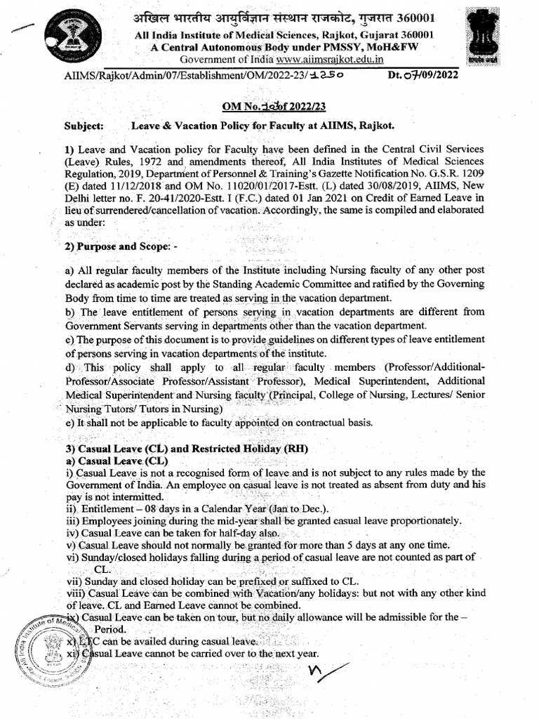Leave & Vacation Policy For Faculty at AIIMS Rajkot - Compressed | PDF